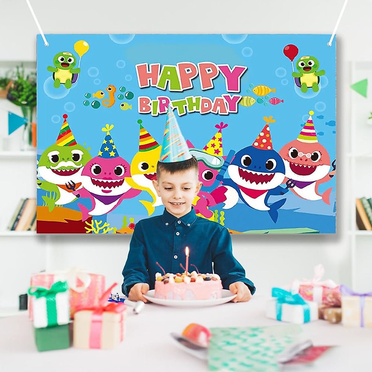 Retyshia 5x3Ft Happy Birthday Backdrops Shark Theme Birthday Party Backdrop Decoration Cake Table Banner Baby Shower Newborn Photography Background (YYK01BD52-0453)