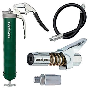 LockNLube Heavy-Duty Pistol Grip Grease Gun. Includes our patented LockNLube® Grease Coupler (Locks On, Stays On, Won't Leak!) plus a high-quality 20" hose and in-line hose swivel