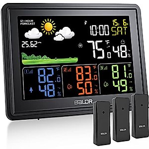 BALDR Weather Station 3 Sensors, Weather Stations Wireless Indoor Outdoor Thermometer, Color Display Wireless Weather Forecast Station, Temperature Humidity Monitor with Digital Atomic Clock(Black)