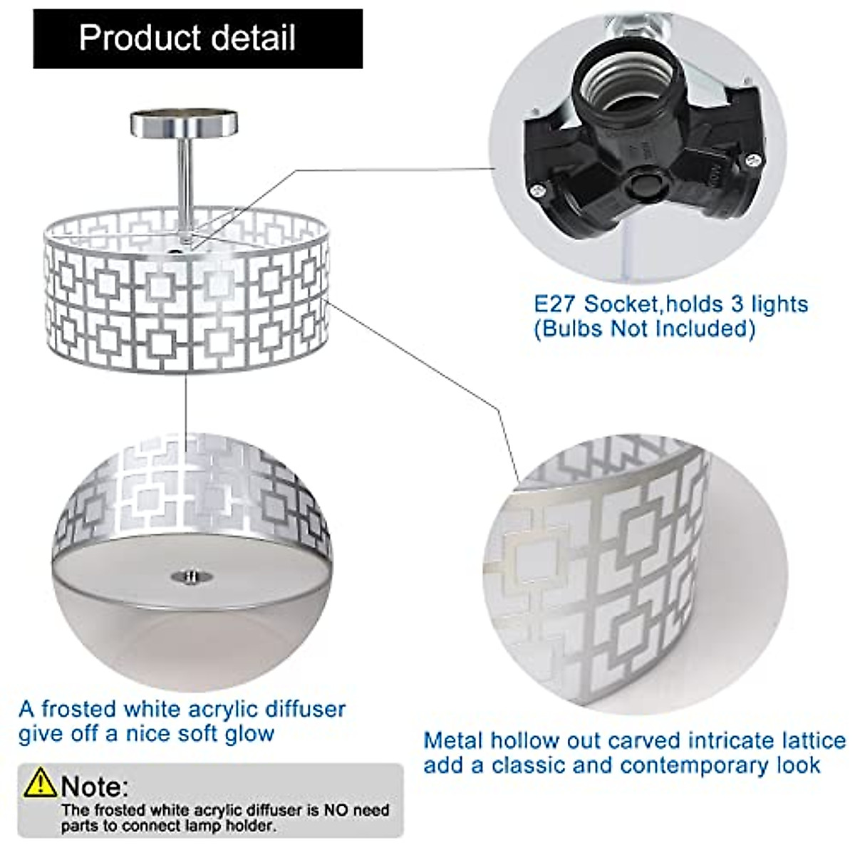 DLLT Semi Flush Mount Ceiling Light, 3-Light Modern Entry Light Fixture Ceiling Hanging with Drum Shade for Bedroom, Dining Room, Kitchen, Hallway, Entry, Living Room, Brushed Chrome Finish