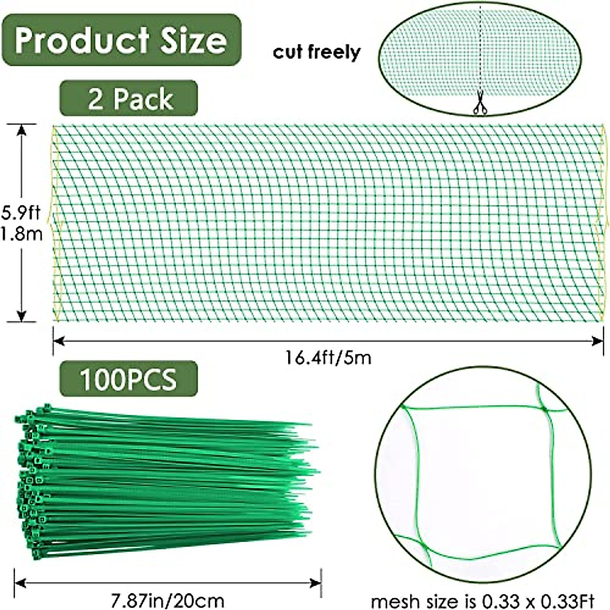 PACETAP 2PCS 6x16.4Ft Trellis Netting for Outdoor Climbing Plants, Garden Plant Trellis Netting with 100PCS Zip Ties for Cucumber, Tomato, Vine, Vegetable Fruit and Flowers