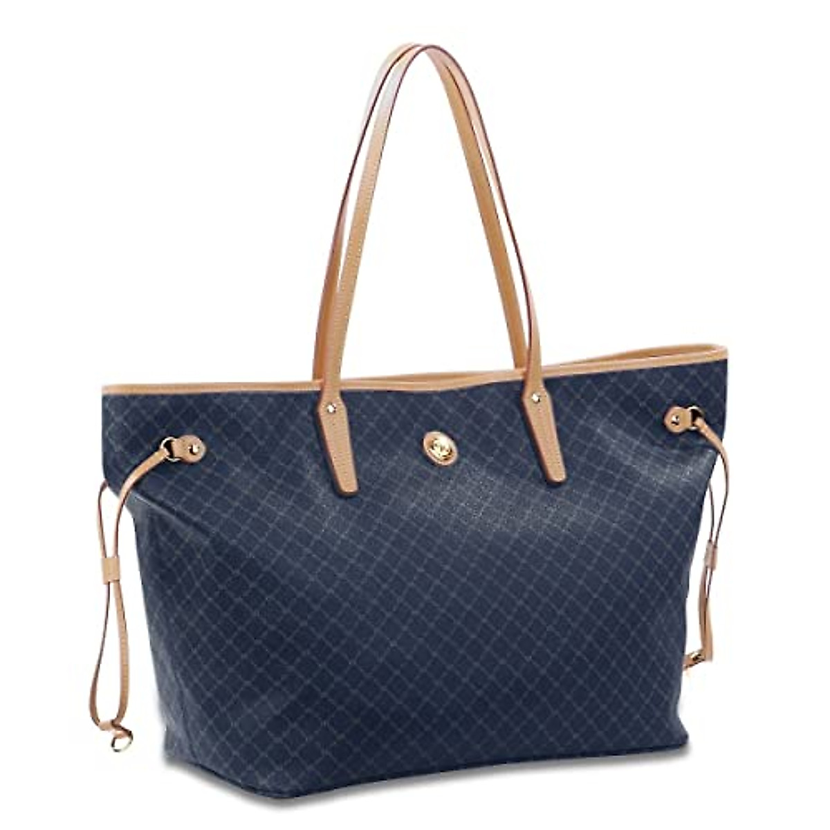 Rioni Signature Navy ST20222L Canvas Leather Gold Tone Metal Hardware Luxury Large Tote Shoulder Bag