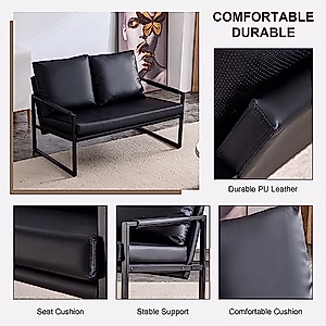 Uunquee Mid-Century Modern Loveseat Sofa,PU Leather 2 Seater Sofa Chair with 2 Pillows,Black Upholstered Accent Chair with Arms for Living Room,Office