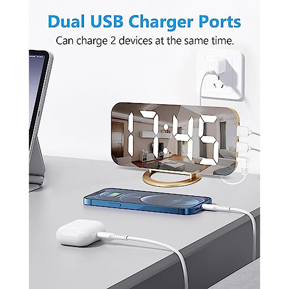 Digital Alarm Clock,7 in LED Mirrored Clocks Large Display,with 2 USB Charger Ports,Auto Dim,Night Mode,Modern Desktop Electronic Clocks for Bedroom Home Office Decor - Gold