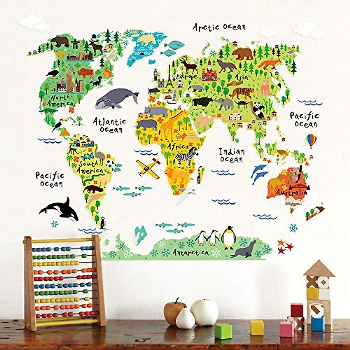 HomeEvolution Large Kids Educational Animal Landmarks World Map Peel & Stick Wall Decals Stickers Home Decor Art for Nursery