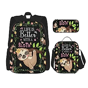 Sloth Backpack Set Sloth Backpacks+Lunch Bag With Holder+Pencil Case 3 Pieces Branch School Book Bag For Girls Boys