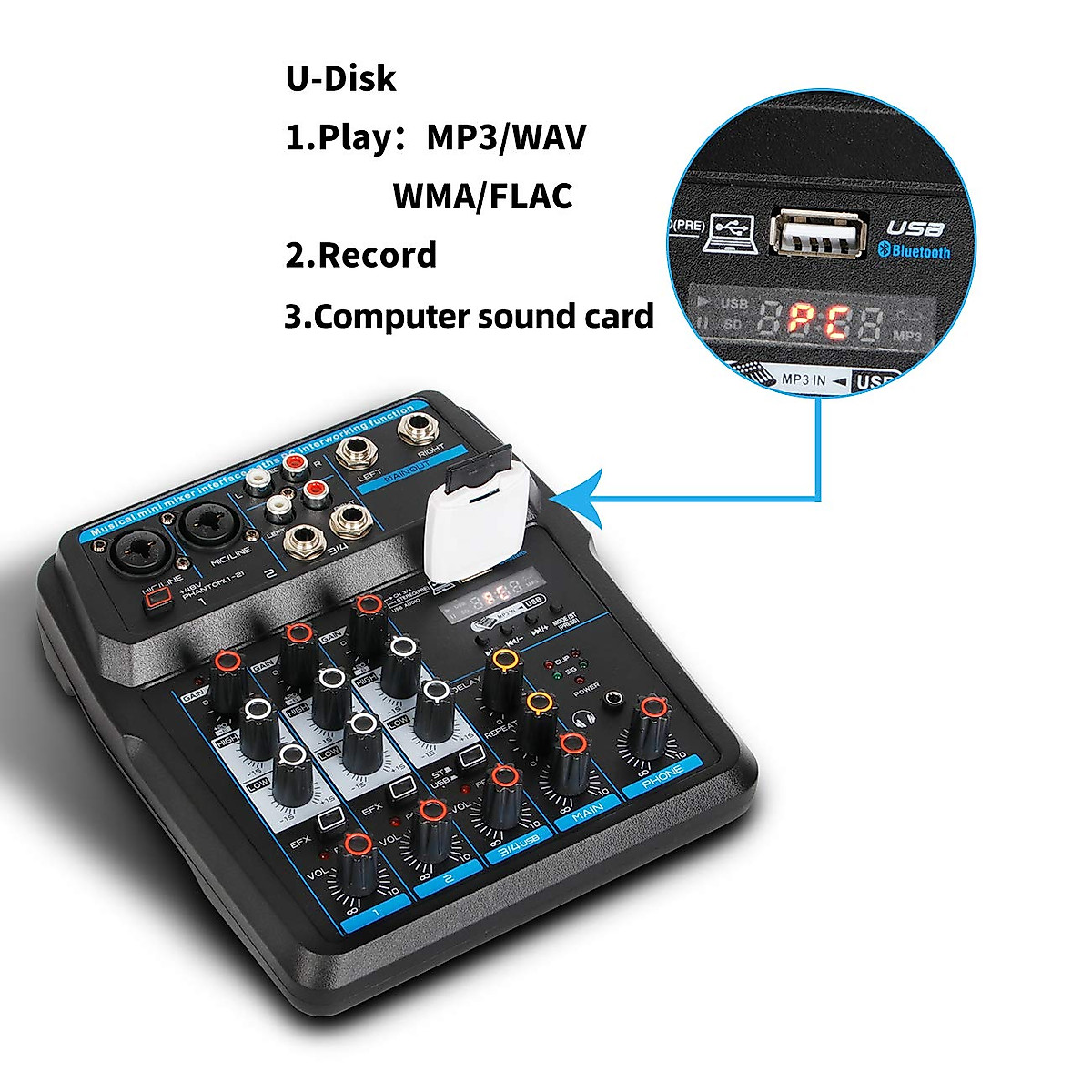 Depusheng U4 Portable Mini Mixer 4 Channel Audio DJ Console with Sound Card, USB, 48V Phantom Power for PC Recording Singing Webcast Party