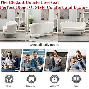 Modern Boucle Loveseat Couch,Futon Small Sofa with Gold Metal Legs ,2-Seater Upholstered Mini Sofa Couches for Small Space,Living Room Bedroom Office Dorm Studio Apartment Love Seat Couche(White)