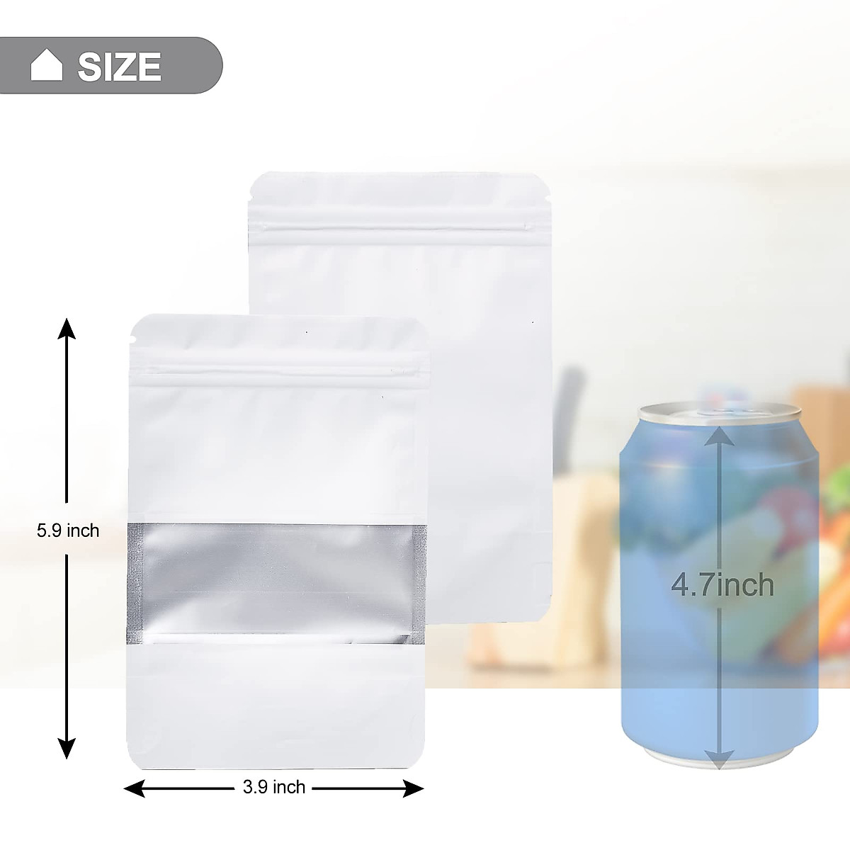 TOCKONIMN Stand-up Pouch Smell-Proof Edible Bag Packaging for Food-Storage 100 Pack Resealable Containers for Candy Products Heat Sealable Ziplock Bags with Clear Window (3.9"x5.9", white)