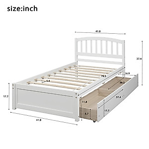 Harper & Bright Designs Twin Storage Bed, Twin Size Platform Bed with 2 Drawers, Wooden Twin Bed with Headboard & Slat Support, No Spring Needed, Twin Bed for Boys, Girls, Teens, Adults(White)