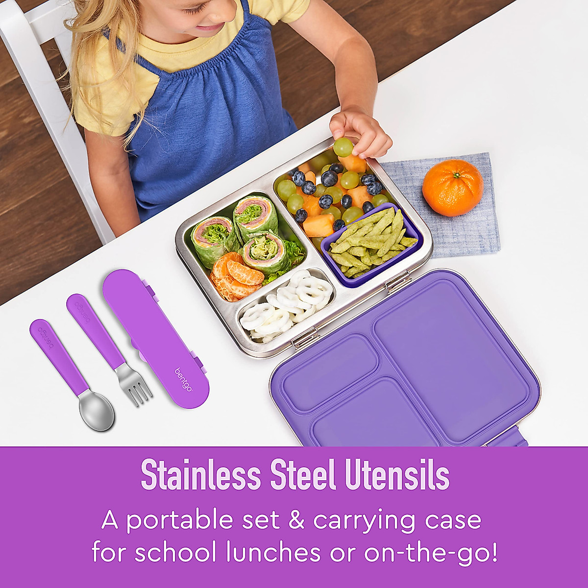 Bentgo® Kids Stainless Steel Utensil Set - Reusable Fork, Spoon & Storage Case - High-Grade BPA-Free Stainless Steel, Easy-Grip Handles, Dishwasher Safe for School Lunch, Travel & Outdoors (Purple)