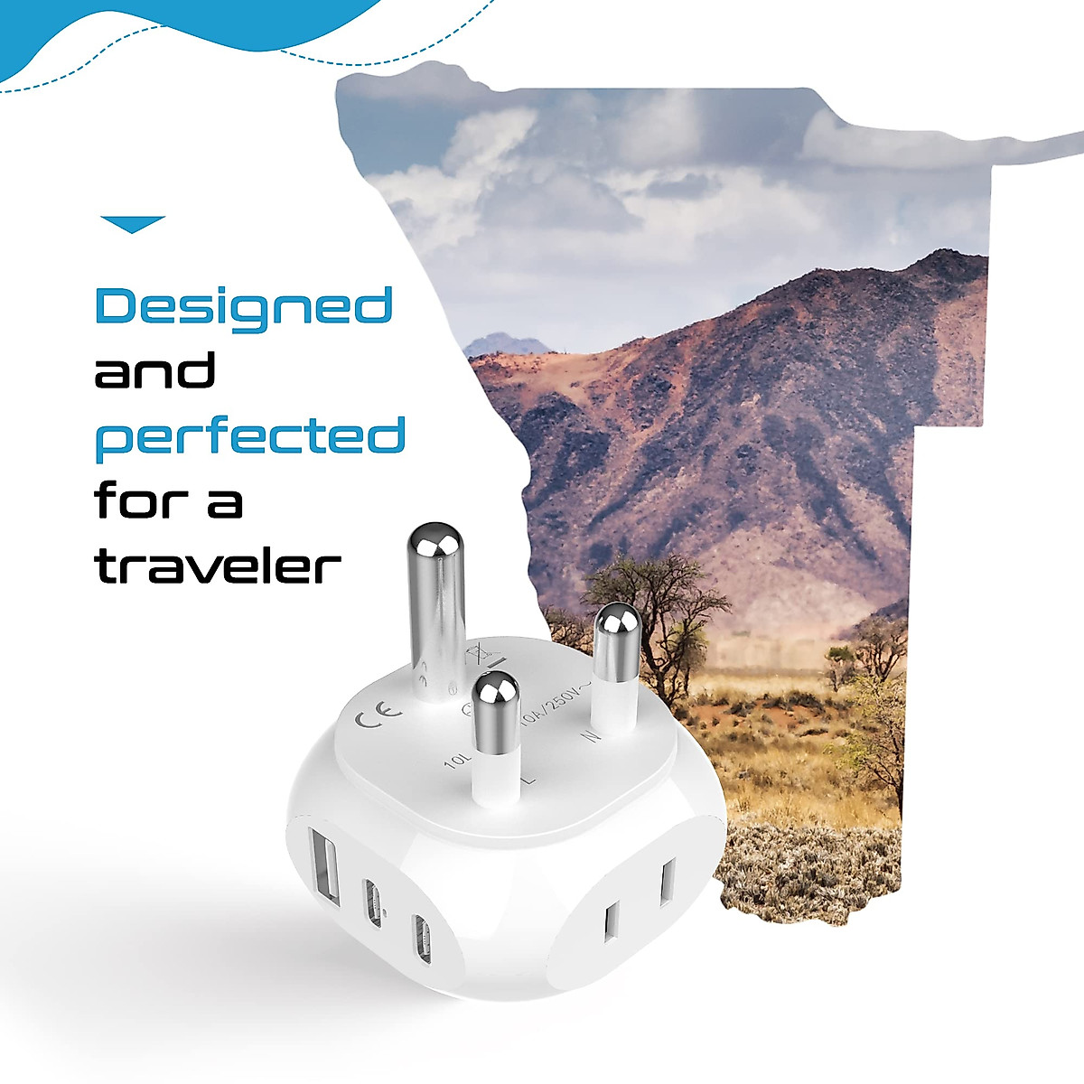 Ceptics South Africa Travel Adapter - 5 Input with QC 3.1A Dual USB and USB-C - Ultra Compact - Light Weight - USA to Any Type M Countries Such as Namibia, Botswana and More (PTU-10L), White