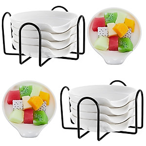 Bokon 8 Pack Ceramic Spoon Rest with 2 Metal Holders Spoon Holder for Stove Top White Coffee Spoon Rest Utensil Rest Household Dipping Sauce Dishes for Kitchen Ladle Tong Fork Housewarming Gifts