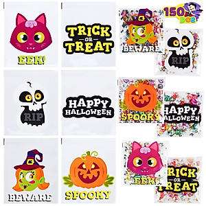 JOYIN 150 Pcs Halloween Cellophane Treat Bags, Halloween Clear Self Adhesive Cookie Bags Mini Candy Bags for Trick or Treat, Double Sided Halloween Bags for Kids Halloween Party Favor Supplies