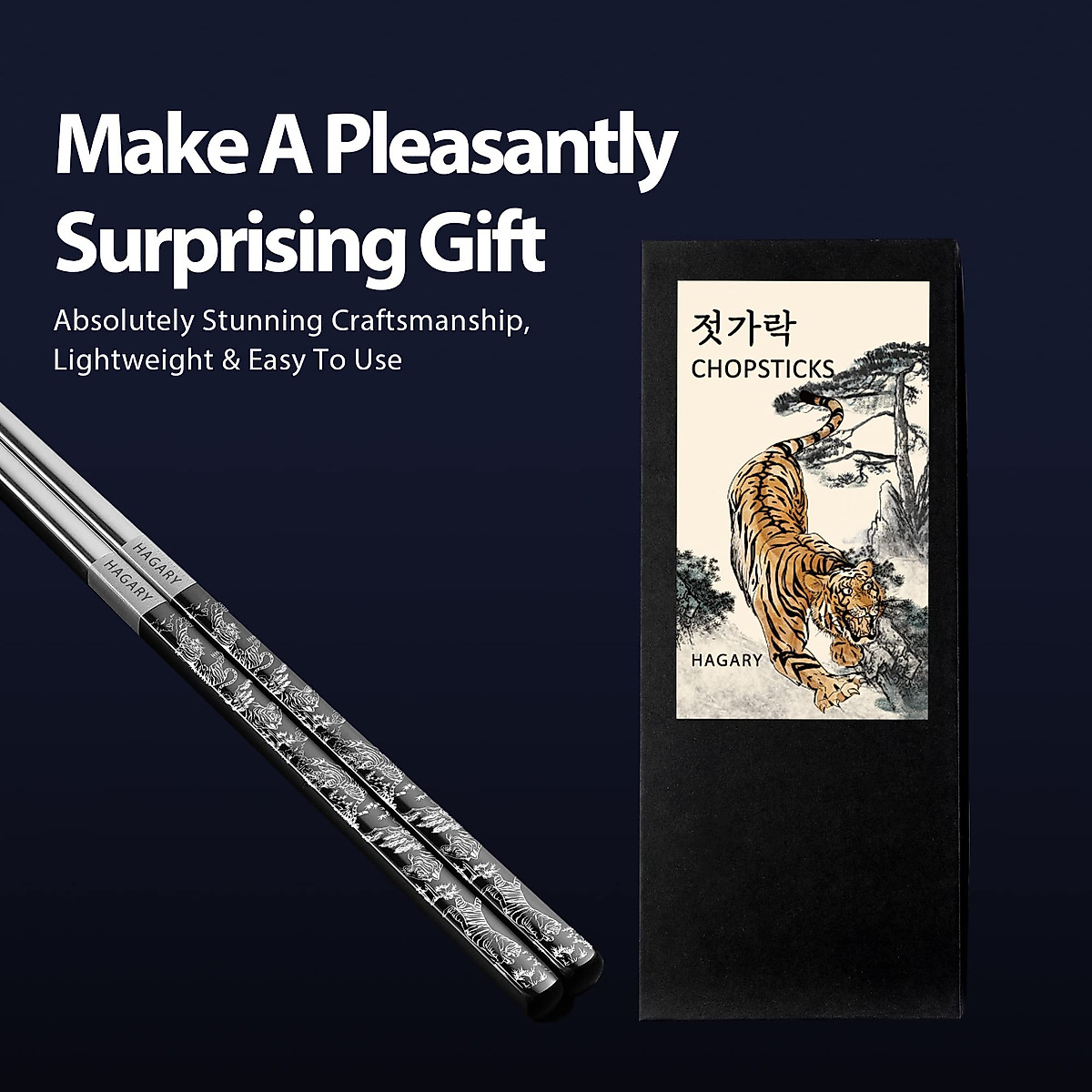 Hagary Tiger Chopsticks Metal Chopsticks Reusable Designed In Korea Japanese Style Stainless Steel 316 18/10 Non-Slip Dishwasher Safe Laser Etched (Black - 5 Pairs)