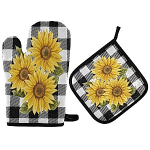 Sunflower Black White Buffalo Plaid Oven Mitts and Pot Holders Yellow Floral Lumberjack Check Cooking Gloves Kitchen Trivet Mats 2-Piece Set Non-Slip Heat Resistant Pad for Baking BBQ Home Decor
