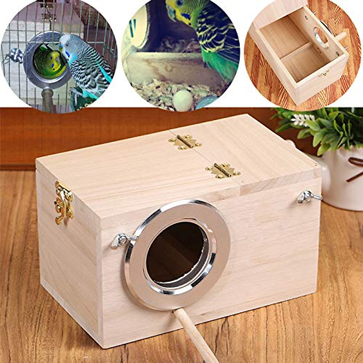 POPETPOP Wooden Bird Nesting Box, Parrot Clear View Window, Lovebirds Breeding Box, Bird Nesting Feeding Station House - Size S (Left or Right Open Window)