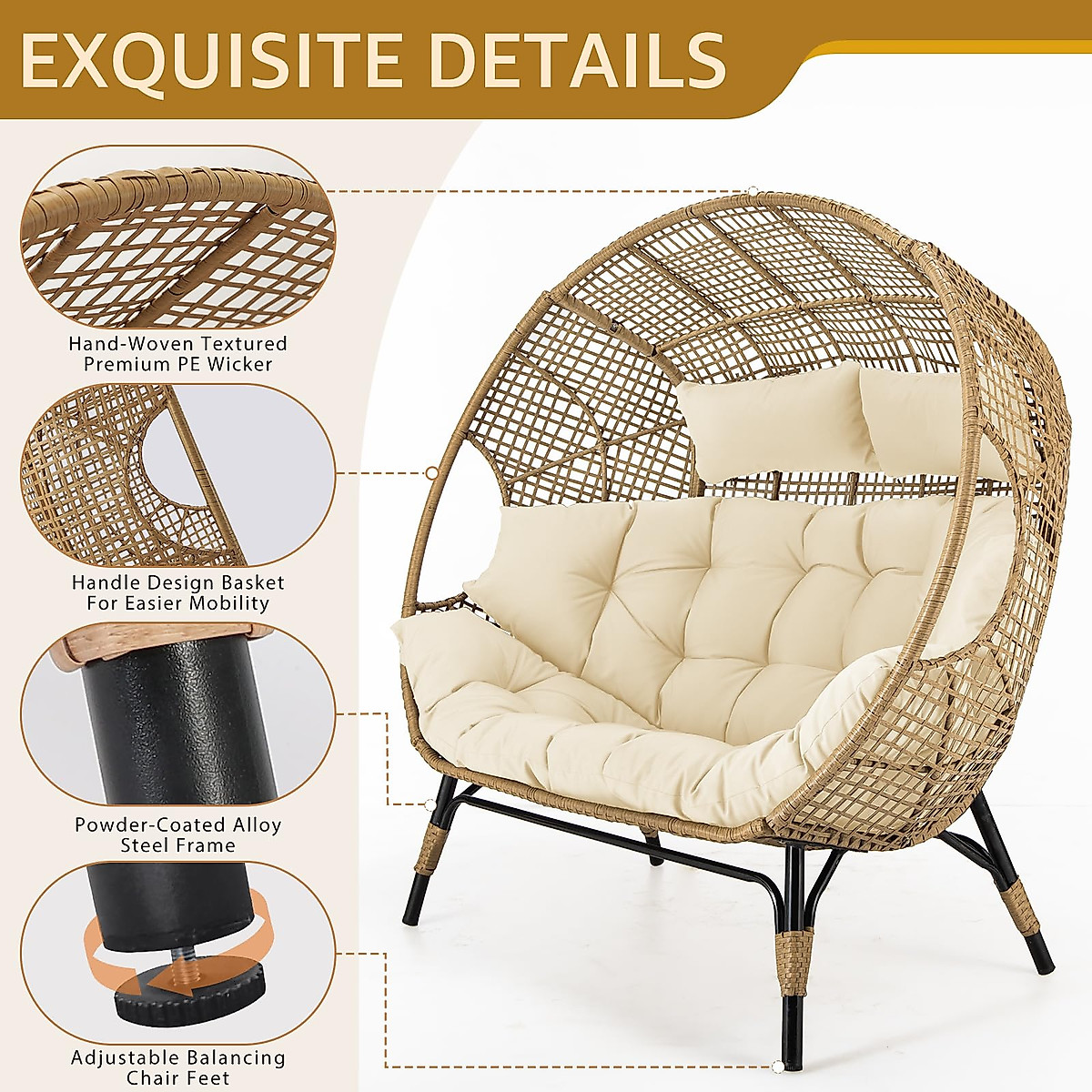 NICESOUL® Double Egg Chair Indoor Outdoor Stationary Oversized Thicken Padded Cushions,2 Person Egg Loveseat Chair,680 lbs Extra Large Lounge Chair for Patio Balcony Porch Backyard Beige