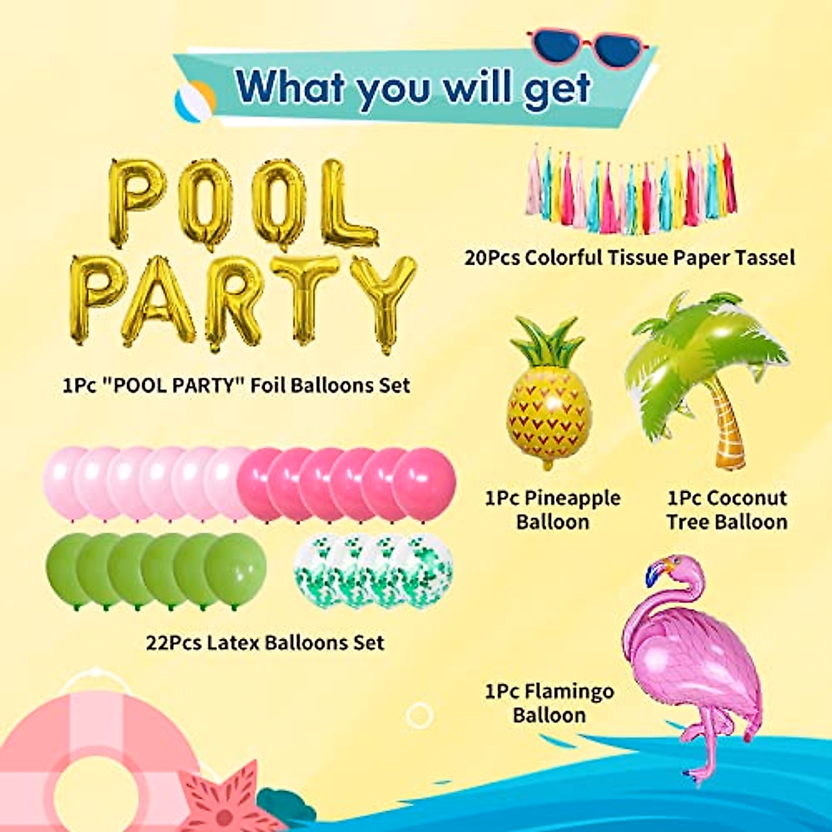 Pool Party Decorations for Girls Kids Birthday Summer Beach Party Decorations Pool Party Favors Supplies Summer Birthday Party Decorations Tropical Luau Hawaiian Party for Boys Pool Party Balloons