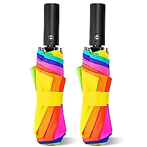 LEAGERA Rainbow Umbrella for Adults - Automatic Travel Umbrellas for Rain&Sun, Small, Compact, Light, Folding and Portable Backpack Umbrella (2 PACK, 37" Single Canopy)