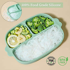 ACWIWIL Toddler Plates with Suction, 100% Food Grade Silicone Divided Plates, Baby Plates & Dishes, BPA Free, Microwave & Dishwasher Safe-Set of 1-Green