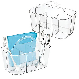 mDesign Plastic Cutlery Storage Organizer Caddy Bin Tote with Handle - Kitchen Cabinet Divided Pantry Basket for Forks, Knives, Spoons, Napkins, Indoor/Outdoor Use, Lumiere Collection, 2 Pack - Clear