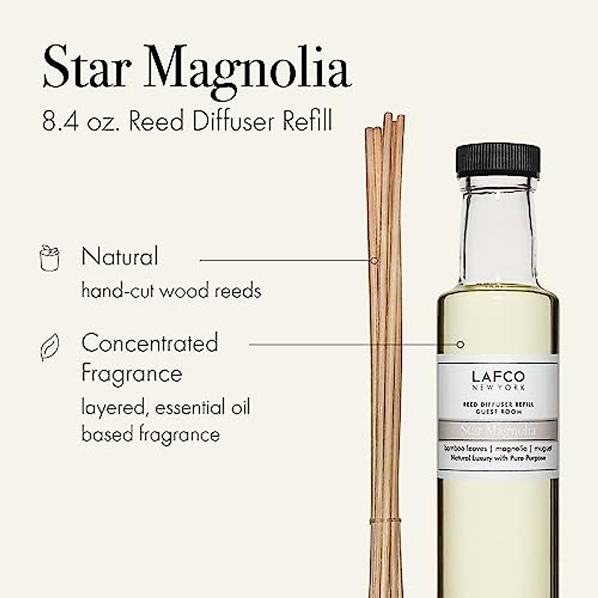 LAFCO New York Reed Diffuser Refill, Star Magnolia - 8.4 oz - Up to 4-Month Fragrance Life - Includes Natural Wood Reeds - Free of Dyes & Propellants - Made in The USA