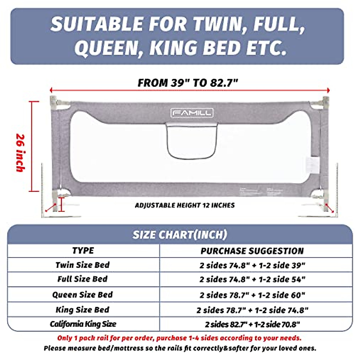 FAMILL Upgrade Bed Guard Rail for Full Size Queen King Twin Bed for Toddlers and Baby (Grey,1 Piece, 78.7")