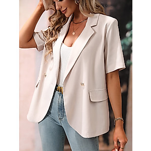 SweatyRocks Women's Casual Lapel Neck Pocket Blazer Short Sleeve Button Down Work Office Blazer Jacket Apricot L