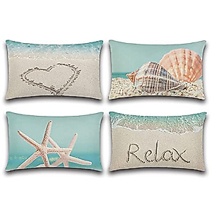 OTOSTAR Pack of 4 Outdoor Waterproof Decorative Pillow Covers Garden Throw Pillow Covers 12x20 Inch Patio Cushion Case Pillowcase Indoor Pillows Shell for Sofa Couch Tent Park Home Decor (Beach)