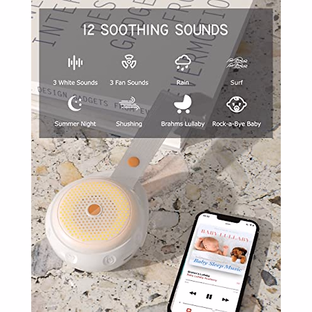 Portable White Noise Machine Baby, elesories Sound Machine Baby with Nursery Night Light,12 Soothing Sounds and USB Rechargeable Travel Baby, Child Lock, Baby Sound Machine for Adults Baby Sleeping