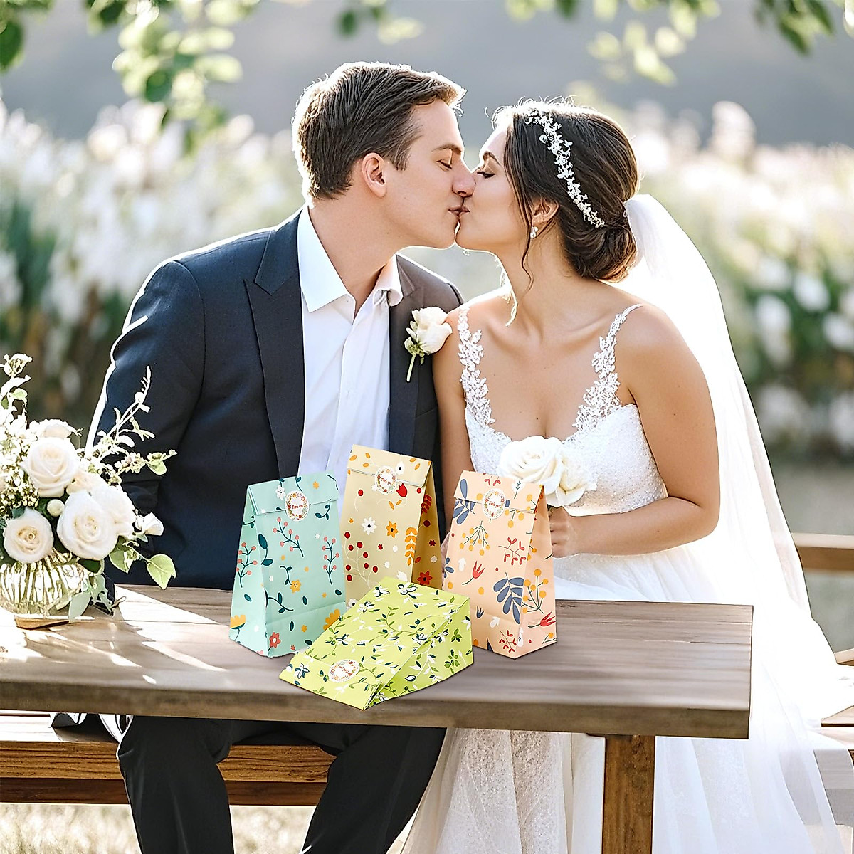 AerWo 48pcs Floral Gift Bags, Flowers Birthday Gift Bag, Goodie Bags, Goodie Bags for Kids Birthday, Gift Bag Bulk, Baby Shower, Wedding Party Favor Bags with Thank You Stickers