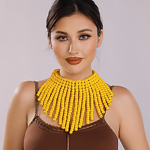 Coiris Boho African Wooden Beaded Bib Statement Necklace Strands Layered Cluster Chunky Collar Choker Wood Necklace for Women Fashion Costume Jewelry(N0065-Yellow)