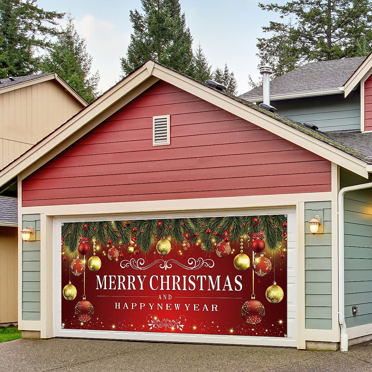 Newwiee Christmas Holiday Garage Door Banner Decorations 6 x 13 ft Happy New Year Outdoor Cover Mural Decoration 2024 Large Christmas Backdrop Merry Christmas Ornament Double Car Garage Door Banner