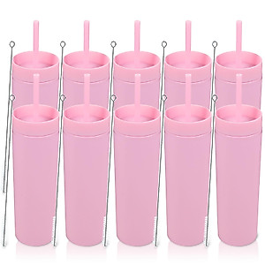 Volhoply 16oz Plastic Skinny Tumbler With Lid and Straw Bulk 10 Pack,Insulated Double Wall BPA Free Matte Acrylic Tumblers,Iced Coffee Travel Mug Reusable Party Cup,Customizable Diy Gifts(Pink,10 Set)