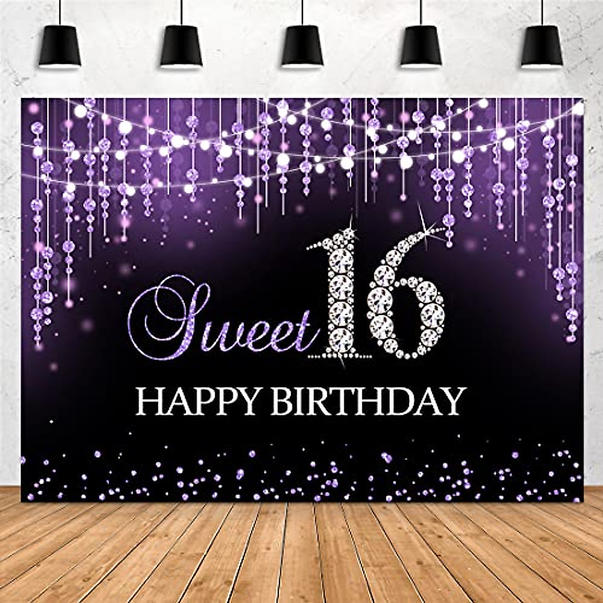 Aperturee Purple Sweet 16 Birthday Backdrop 7x5ft Princess Bokeh Glitter Shiny Sequin Dots Diamond Girls Happy Sweet Sixteen 16th Photography Background Banner Photo Booth Props Party Decorations