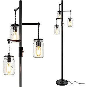 Stepeak Industrial Floor Lamps for Living Room, Farmhouse Floor Lamp with Mason Jar Lampshade, 3-Light Black Standing Lamp, Vintage Tree Tall Lamp, Modern Standing Lights for Living Room, Bedroom, 64"