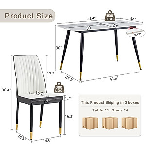 WEKEOT 50" White Modern Sintered Stone Dining Table Set for 4 Faux Marble Dining Table with 4 Upholstered PU Leather Chair Dining Room Table Set(1White Table+4White and Gray Chairs)