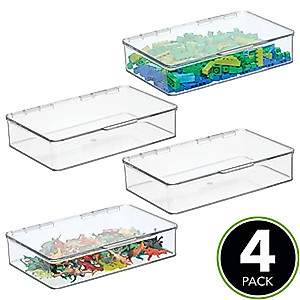 mDesign Plastic Stackable Rectangular Storage Container Bin with Hinged Lid for Organizing Kids Room, Play Room, Nursery; Holds Small Toys, Crayons, Puzzles - 4 Pack - Clear