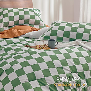 Bedsure Green Checkered Comforter Set - Bedding Comforter Set Queen, Green White Fluffy Grid Plaid Comforter, 3 Pieces, Includes 1 Comforter (90"x90") and 2 Pillow Shams (20"x26"+2")