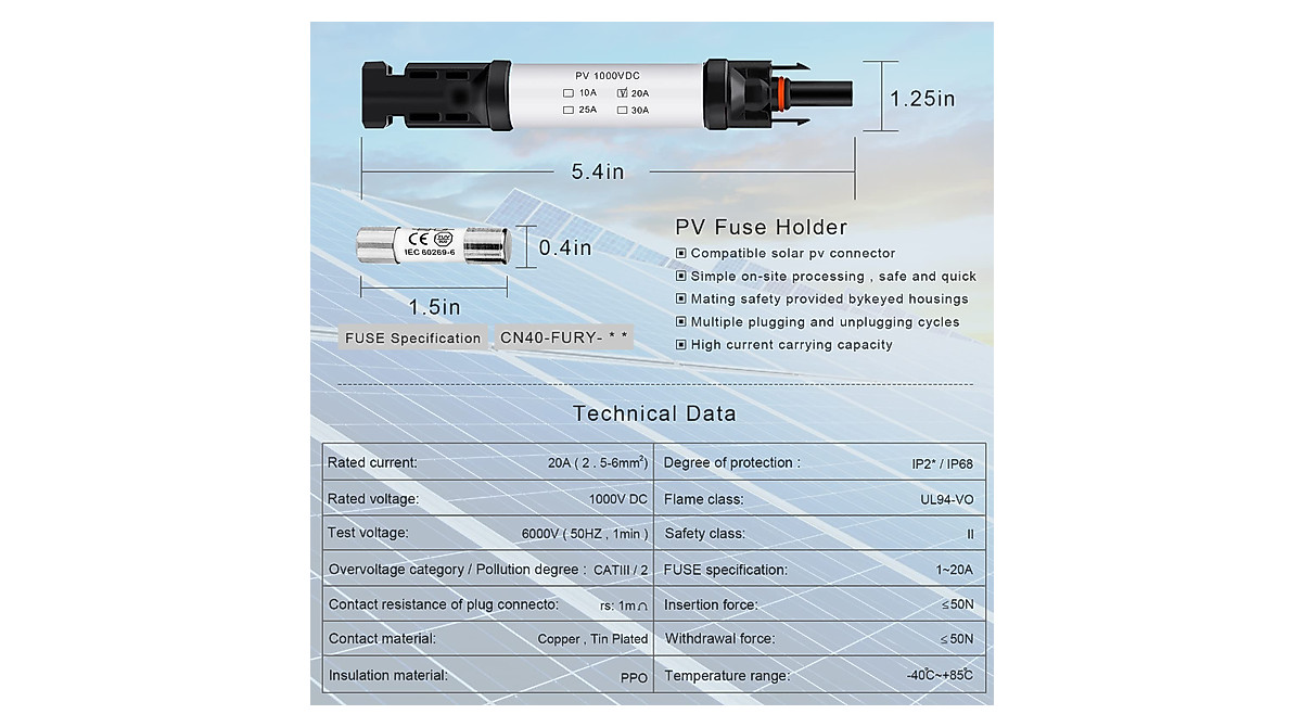 Pvfarosh 20A Solar Fuse Holder Connector IP68 Waterproof 1000V in-line ...