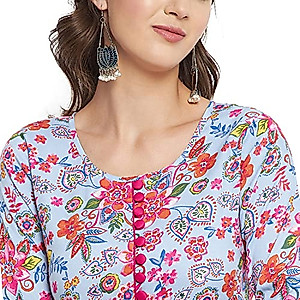 Tissu Women's Rayon Light Blue & Pink Printed A-Line Kurta 2156_Light Blue_XS
