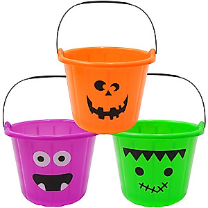 Zcaukya 3 Pack Halloween Buckets, Halloween Plastic Candy Pails, Portable Plastic Candy Trick or Treat Basket for Halloween Party Supplies, Orange Purple Green