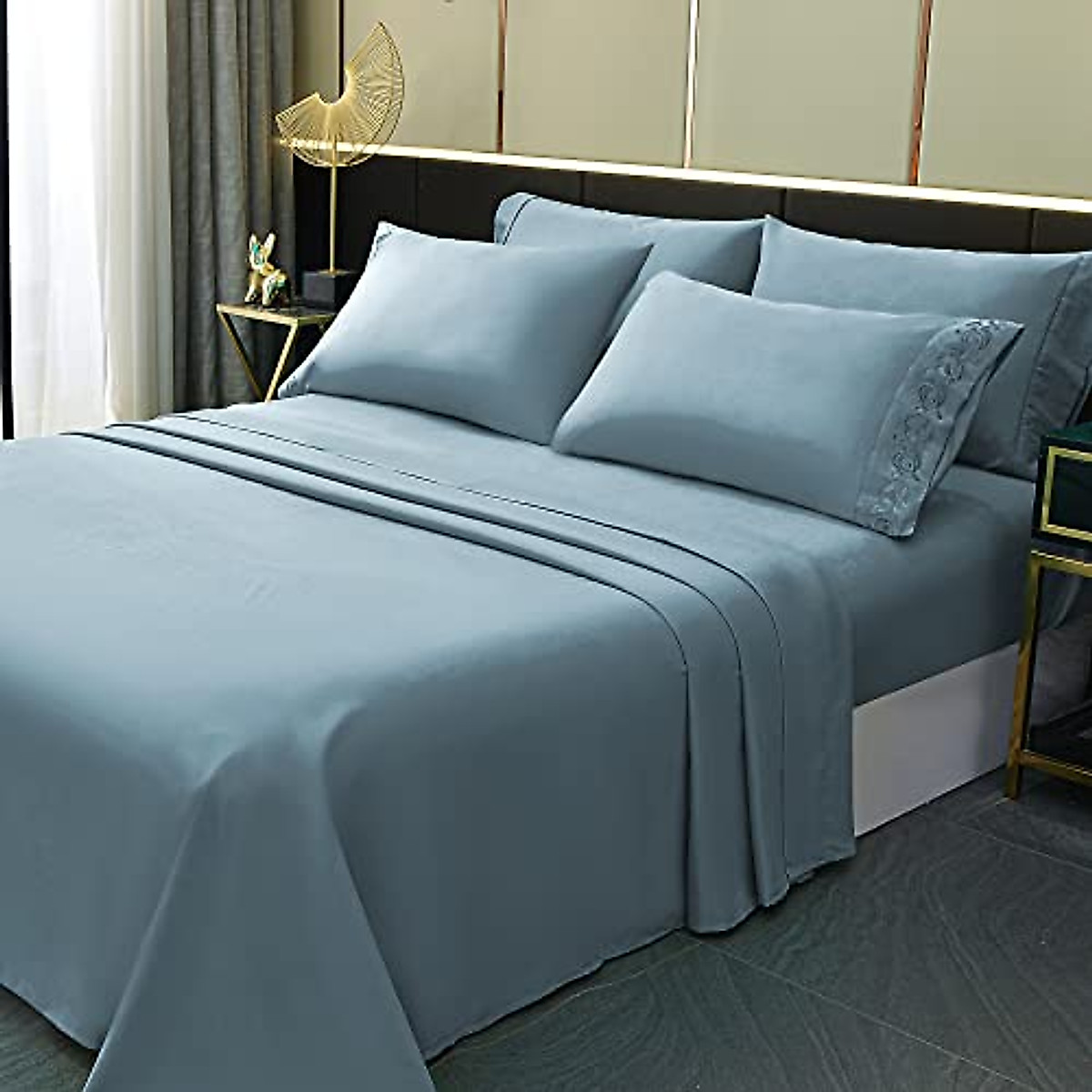 LONAVA Full Size Sheet Set - 6 Piece Hotel Luxury Wrinkle-Free Microfiber Sheet, OEKO-TEX Certified, Breathable & Elastic, 16" Deep Pockets, Spa Blue
