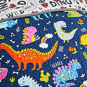 Quilted Toddler Bedding Set 4 Pieces Summer Navy Colorful Dinosaur Toddler Bed Set Includes Toddler Size Quilt Set, Flat Sheet, Fitted Sheet and Pillowcase