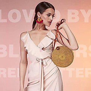 WOWLADY Round Rattan Bags Woman Handwoven Straw Purse Bag Crossbody Shoulder Leather Straps Natural Chic Leather Buckle