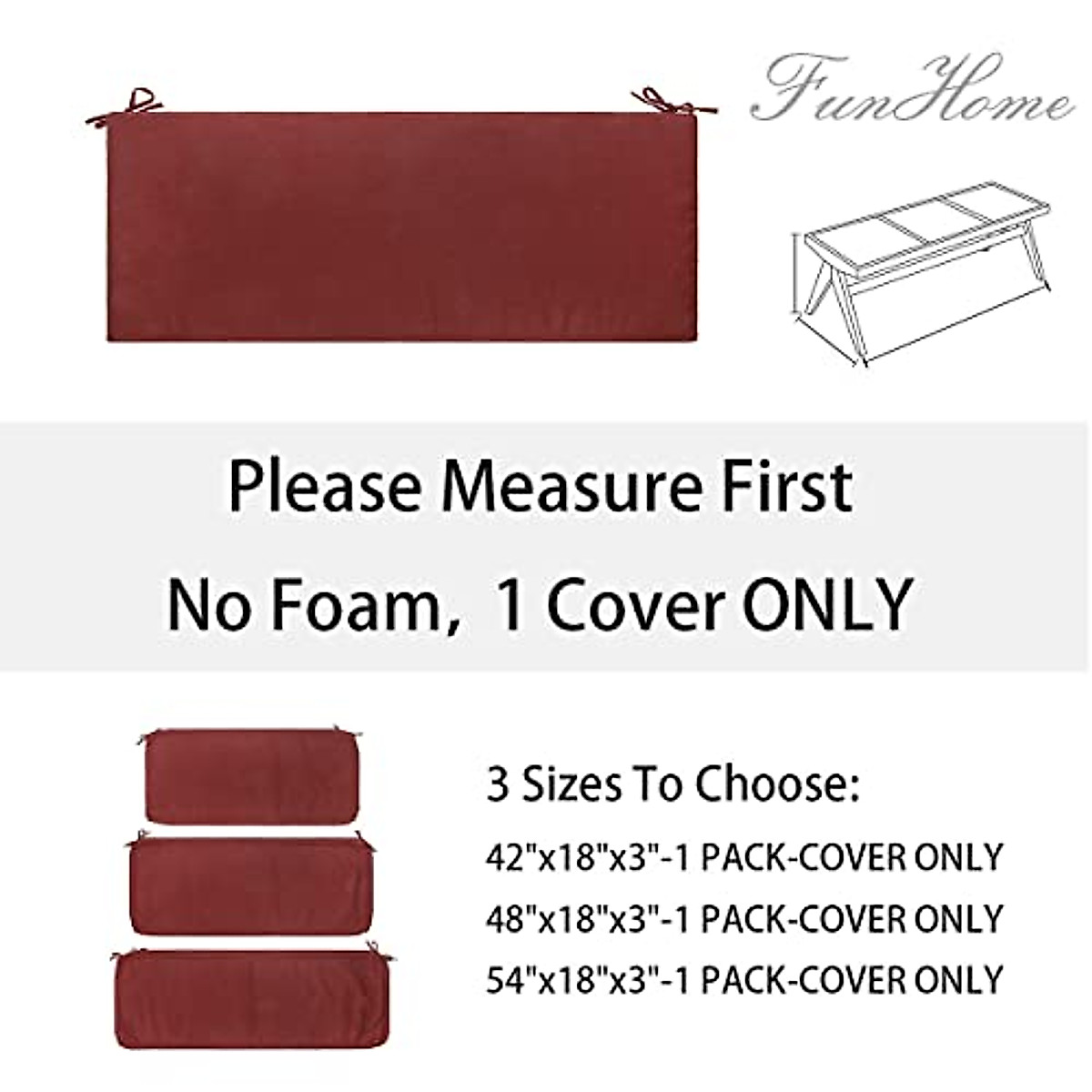 Outdoor Bench Cushion Cover 48 x18 x 3 inch,Waterproof Cover with Zipper&Ties,Fade-Resistant Slipcover,Patio Porch Swing Cushion Cover Replacement Only,No Insert(Dark Red)