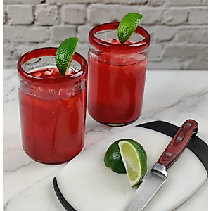 Dos Sueños Hand Blown Mexican Drinking Glasses - Set of 6 Glasses with Red Rims (14 oz each)