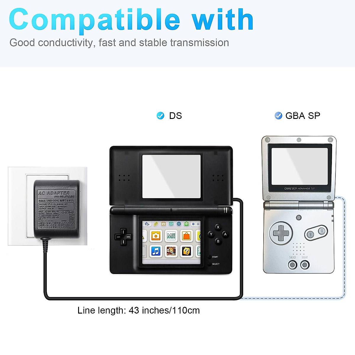 Charger for Gameboy Advance SP, AC Adapter Compatible with Nintendo DS, GBA SP Charger Wall Travel Charger Power, 5.2v 450mAh