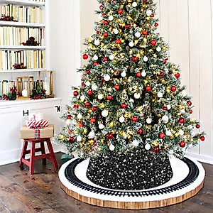 FANPROMS Black Christmas Tree Collar 23.6 Inches Diameter Base Glittery Sequins Xmas Tree Ring for Rustic Artificial Tree Skirt Woven Tree Bark Collar Thick Velvet Tree Cover Supply